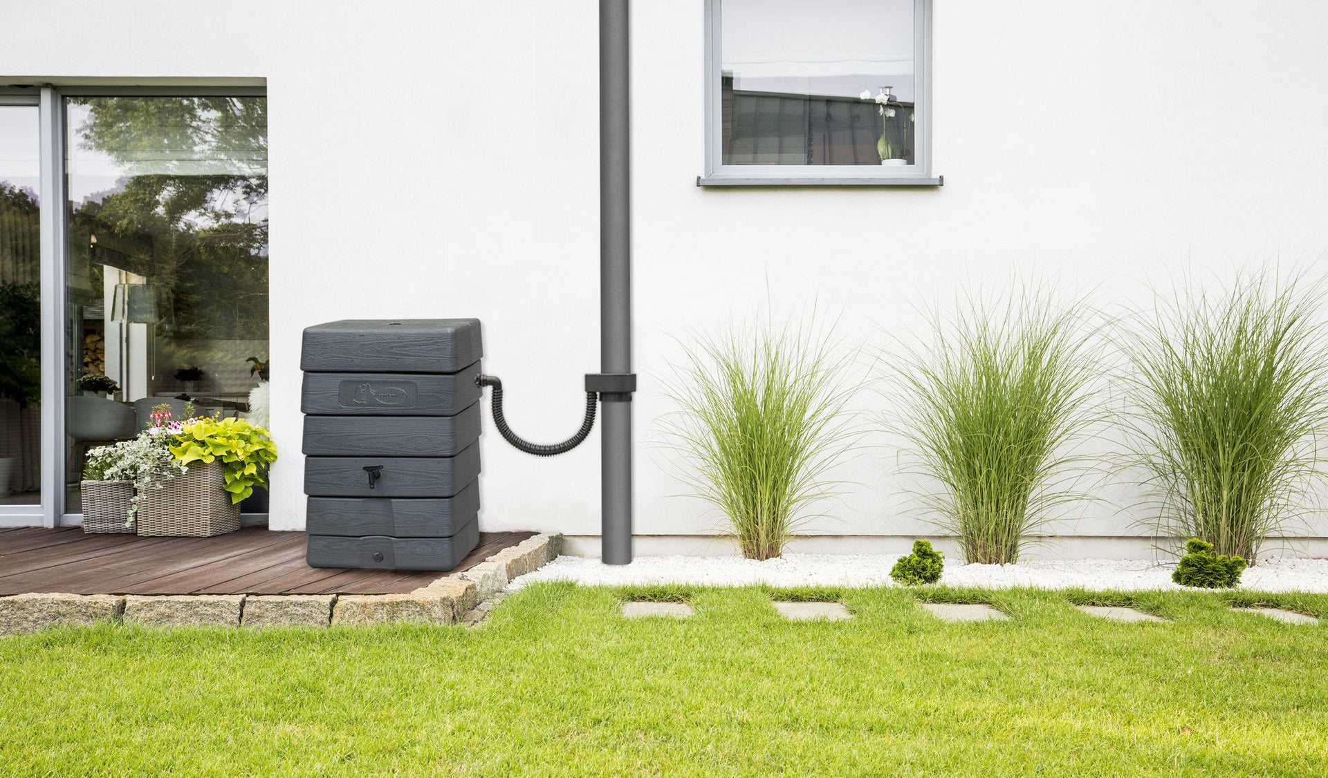168 Litre Grey Wall Tank with Rain Trap Downpipe Connector